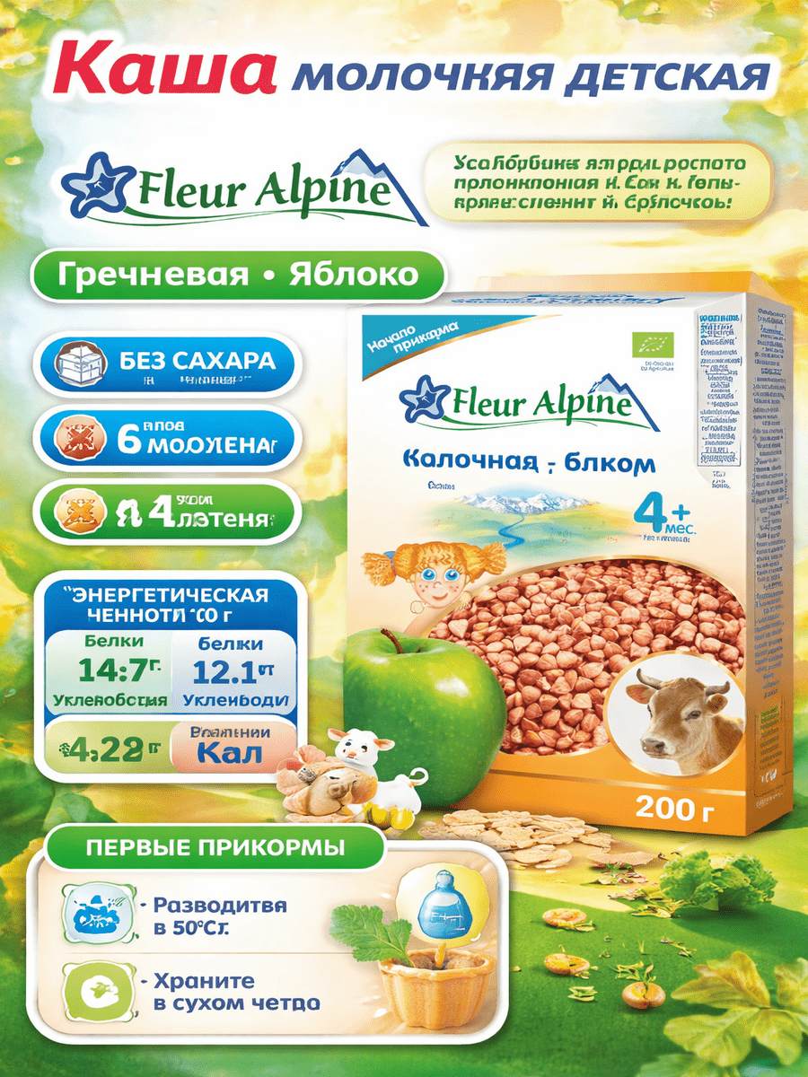 Каша молочная детская Fleur Alpine Гречневая Яблоко с 4 месяцев, 200г