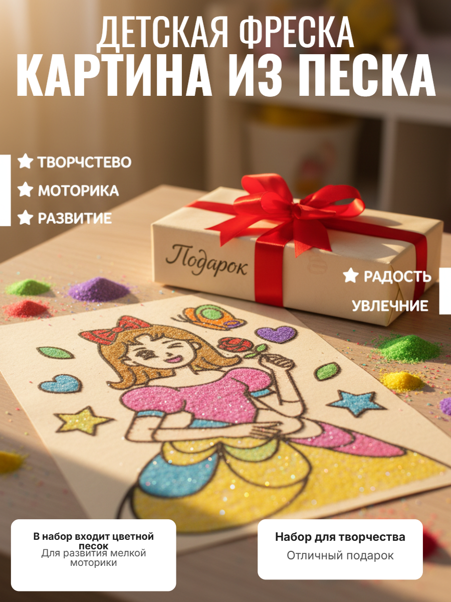 Детская фреска "Картинка из цветного песка", с трафаретом, для детей от 3 лет, + подарок