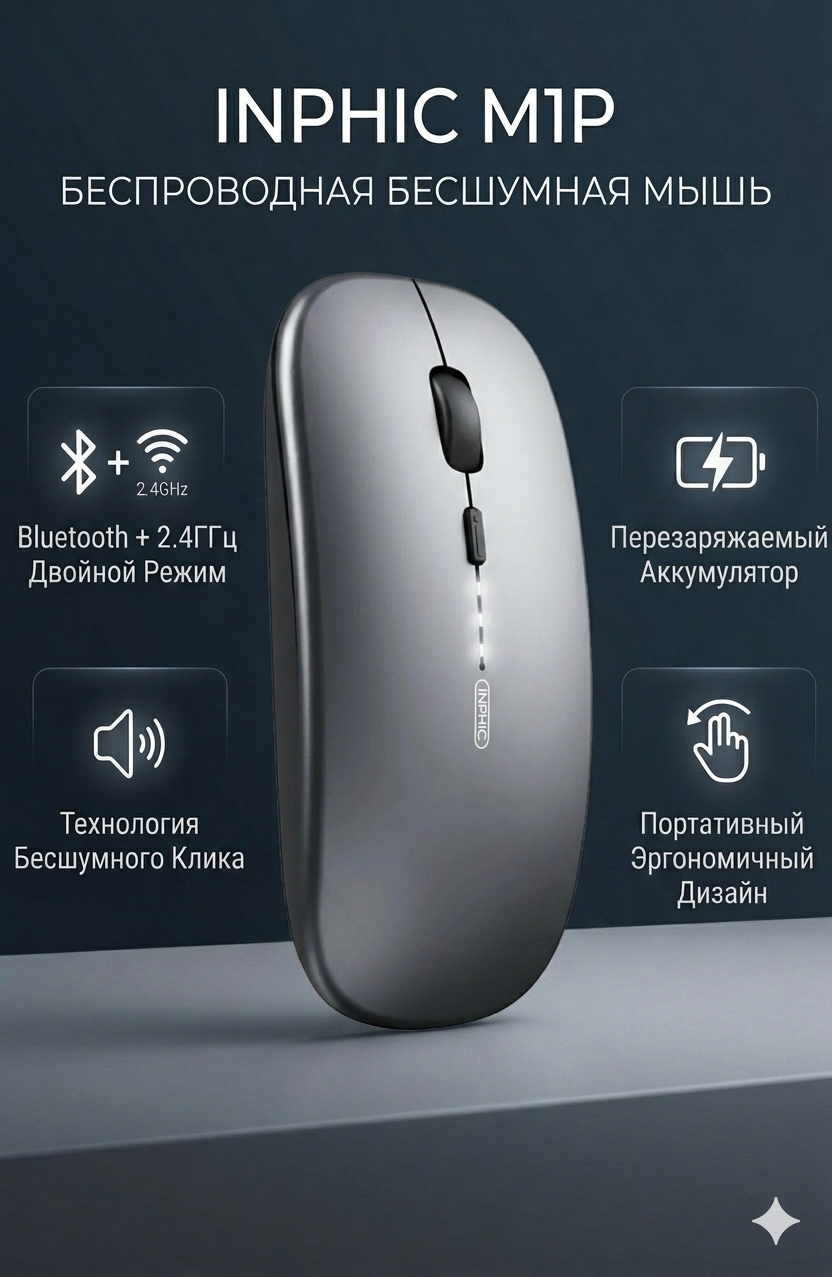 Беспроводная мышь Inphic M1P, с индикатором заряда, для правой и левой руки, 1600 dpi, бесшумные клавиши