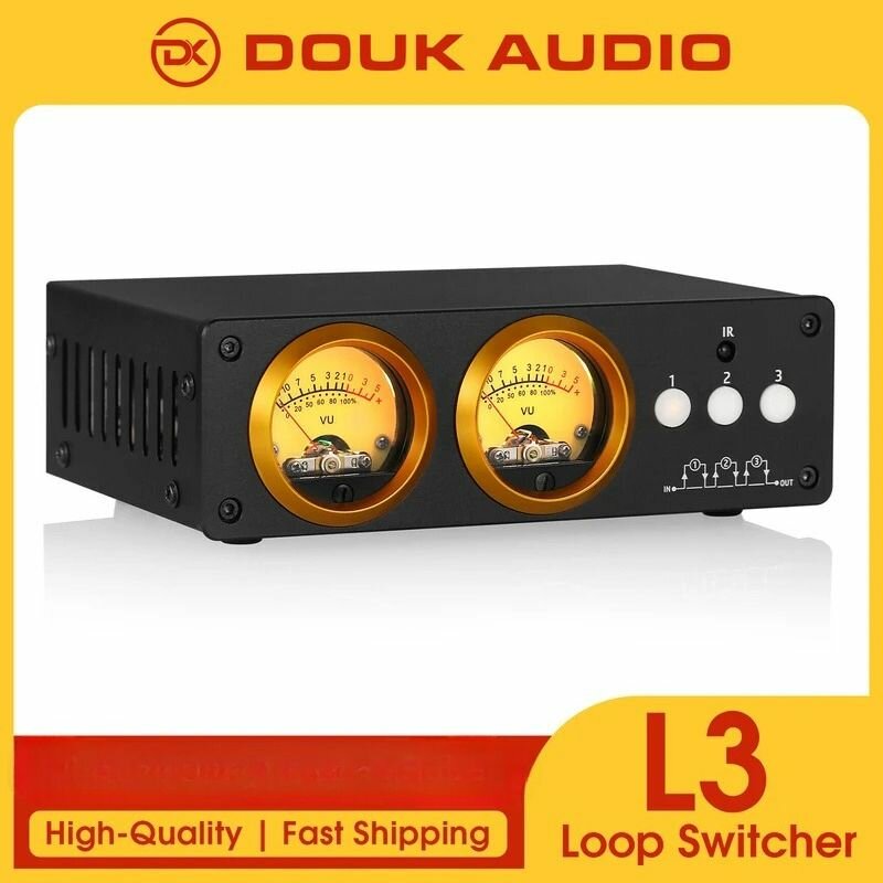 Douk Audio L3 3-канальный переключатель контура с двойным VU-метровым дисплеем, стереоразветвитель с ИК-пультом дистанционного управления