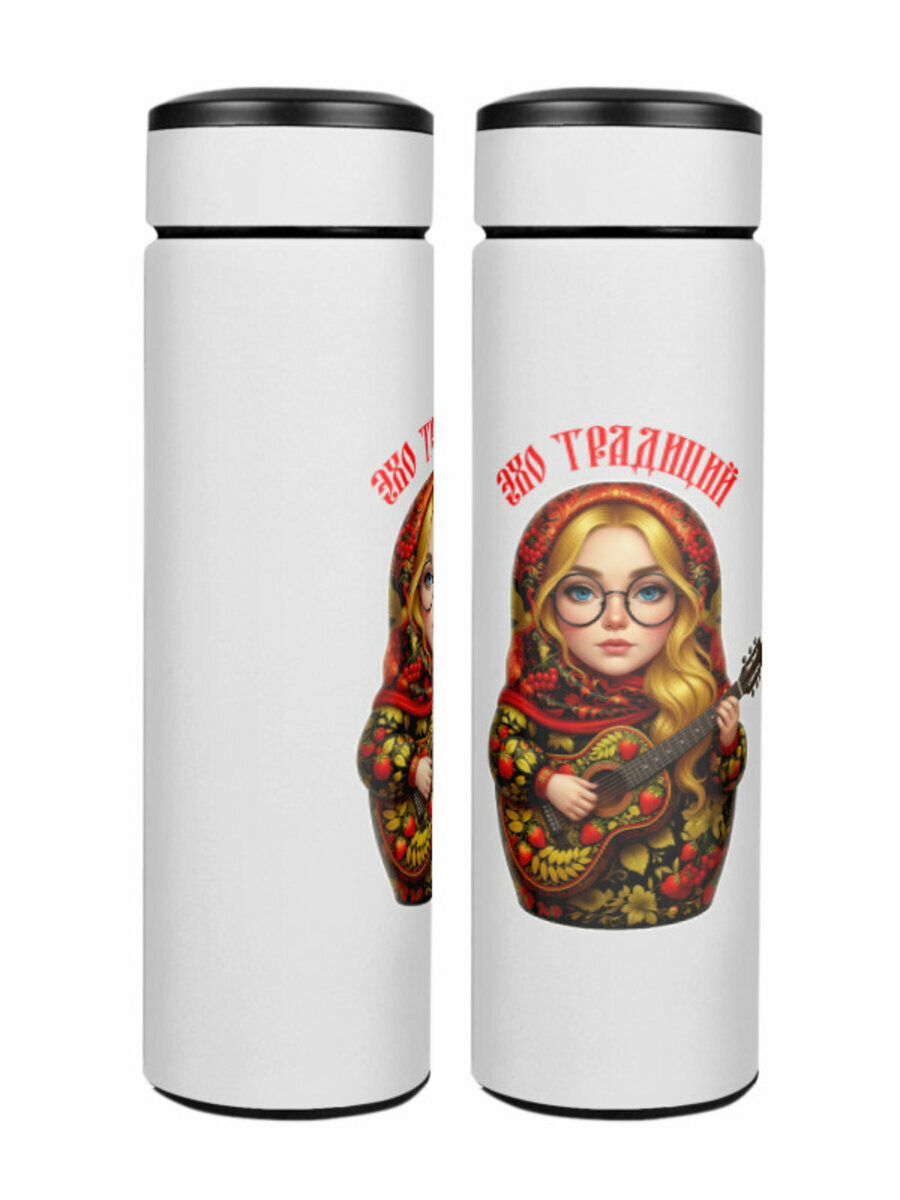 Термос «Русский хохлома стиль: матрёшка и гитара(россия, традиции, подарок, сувенир, русская кукла)» (белый)