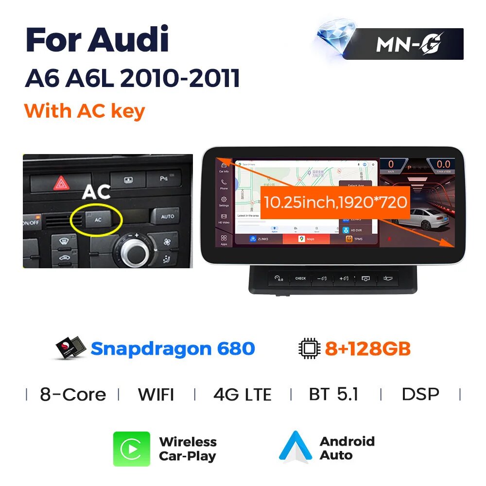 MEKEDE Wireless CarPlay Android Auto Snapdragon 680 Smart Автомобильный 8G 128G 10.25 AC