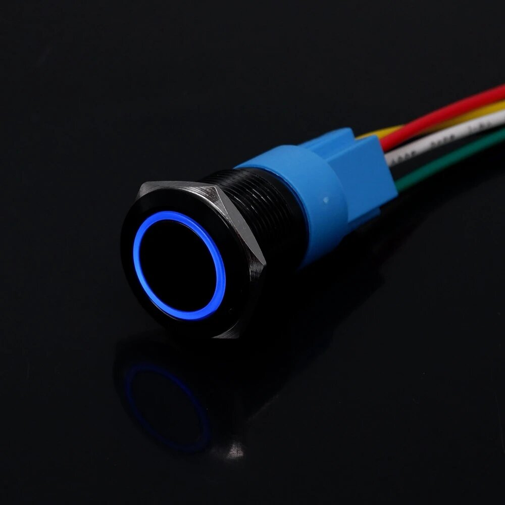 Переключатель кнопки 16 мм, черный, подсветка Circle Blue, 12-24v, Momentary, с проводом