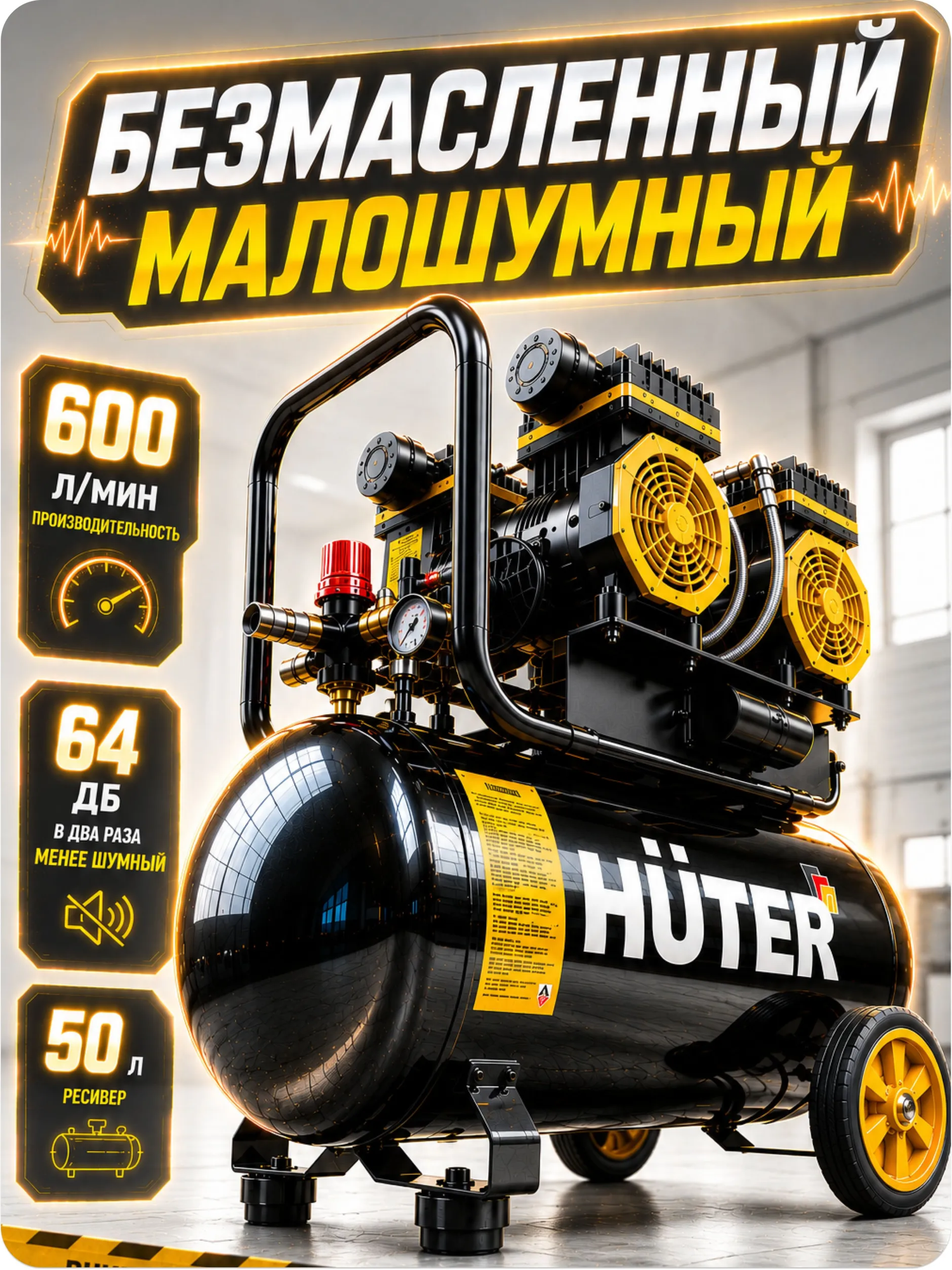 Компрессор безмасляный поршневой малошумный РС 2500W/50LХ2 Huter