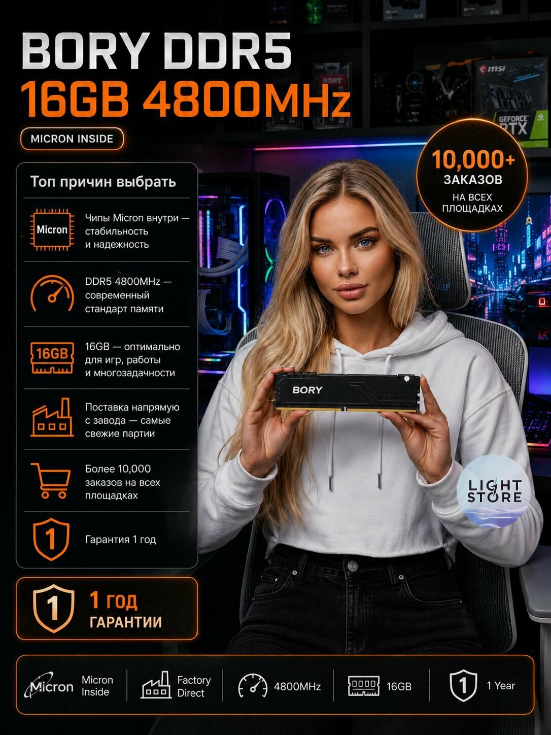 Оперативная память BORY LRX 16L548002605150155, 16ГБ, 4800МГц, CL40, DIMM