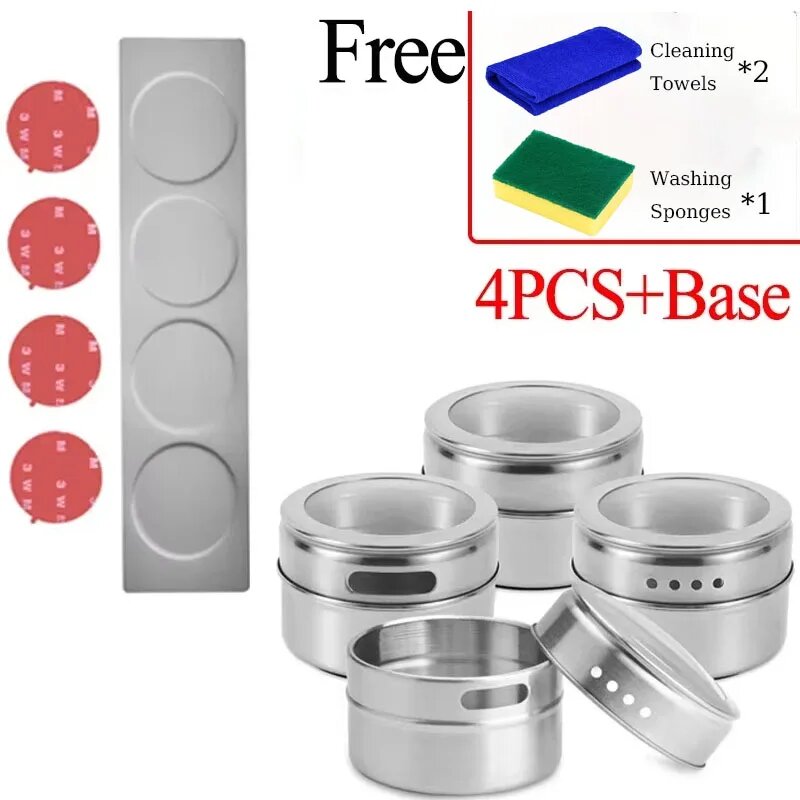 Магнитные банки для специй из нержавеющей стали 4PCS with base