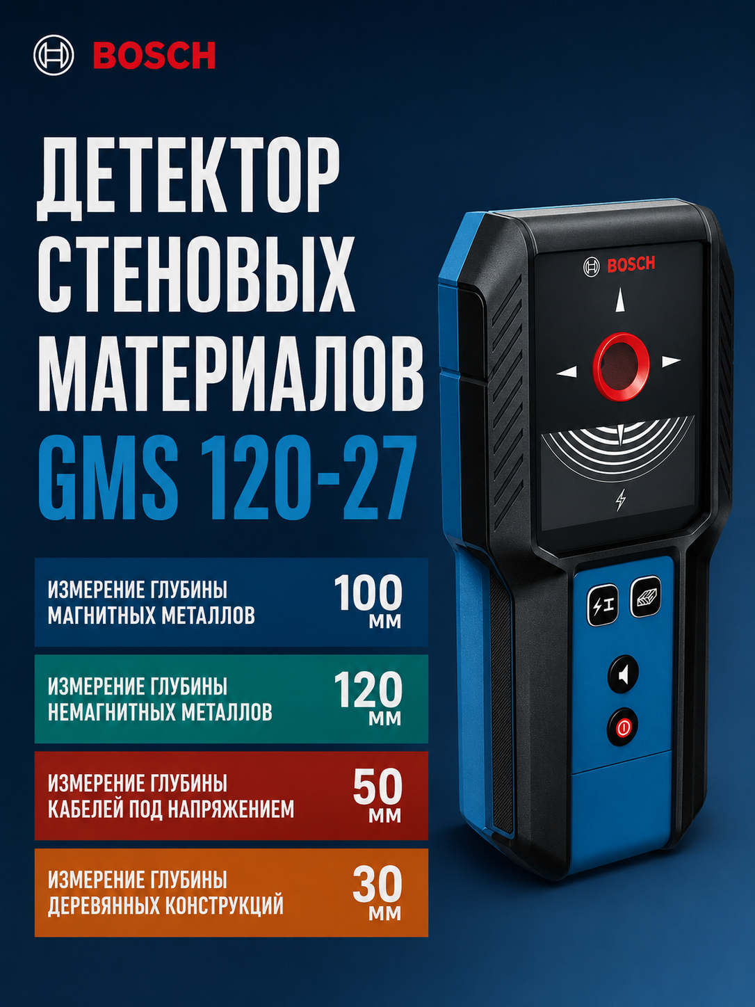 Профессиональный детектор Bosch GMS 120-27 для стен, обнаружение проводки, металла, меди, железа и деревянных конструкций