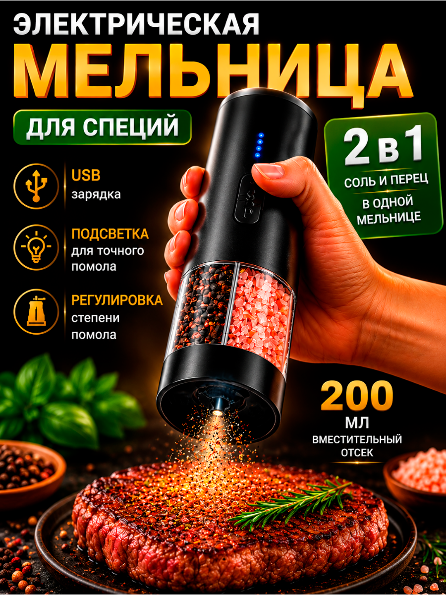 Электрическая мельница для соли и перца 2 в 1, аккумуляторная, с подсветкой, USB