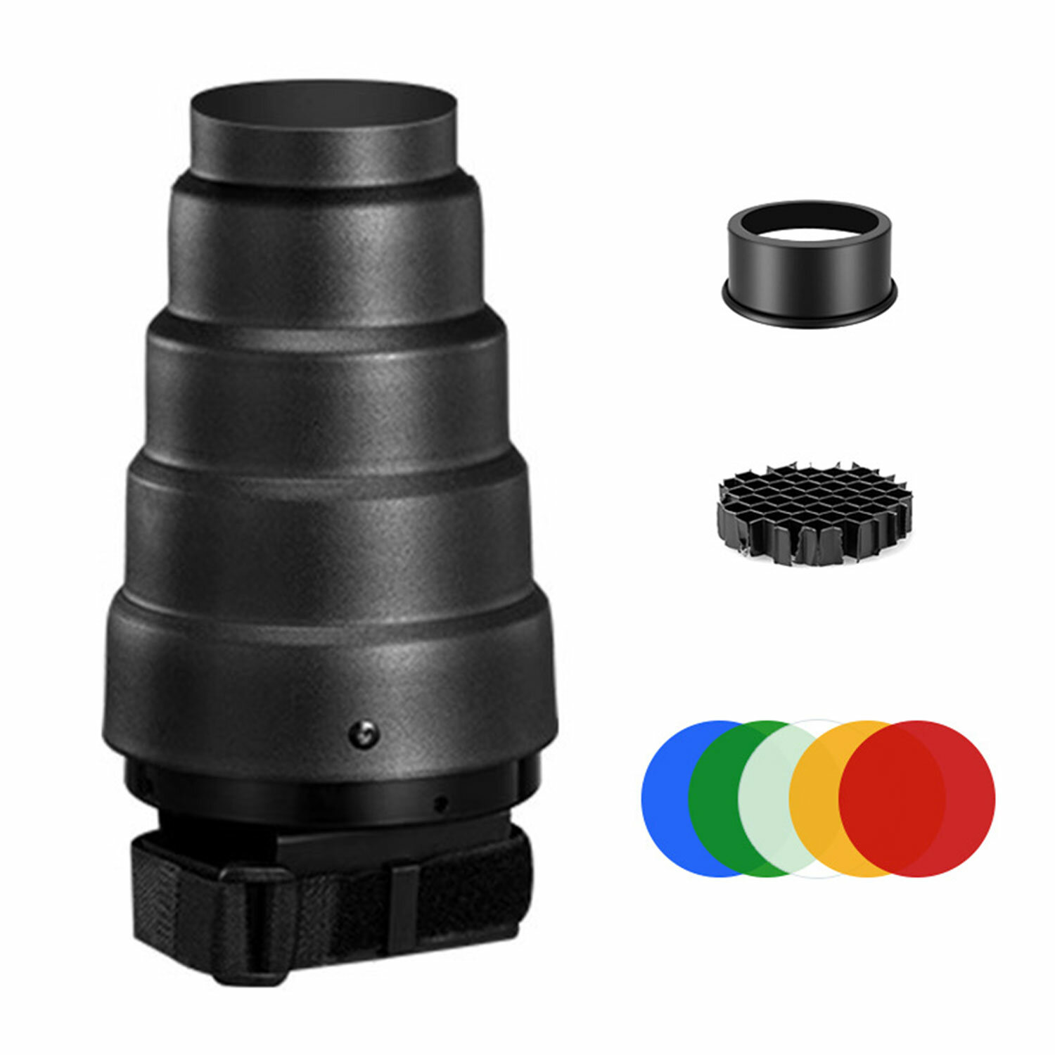 Metal Beam Cylinder Pig Beak Spotlight Cylinder с Honeycomb Grid 5pcs Colour Filter Kit для Bully Port / Bowens Port / Roof Lights, материал Aluminum Alloy & ABS, диаметр 100mm, высота 200230mm, вес 200g, размер упаковки 24*12.2*12.2cm, вес упаковки