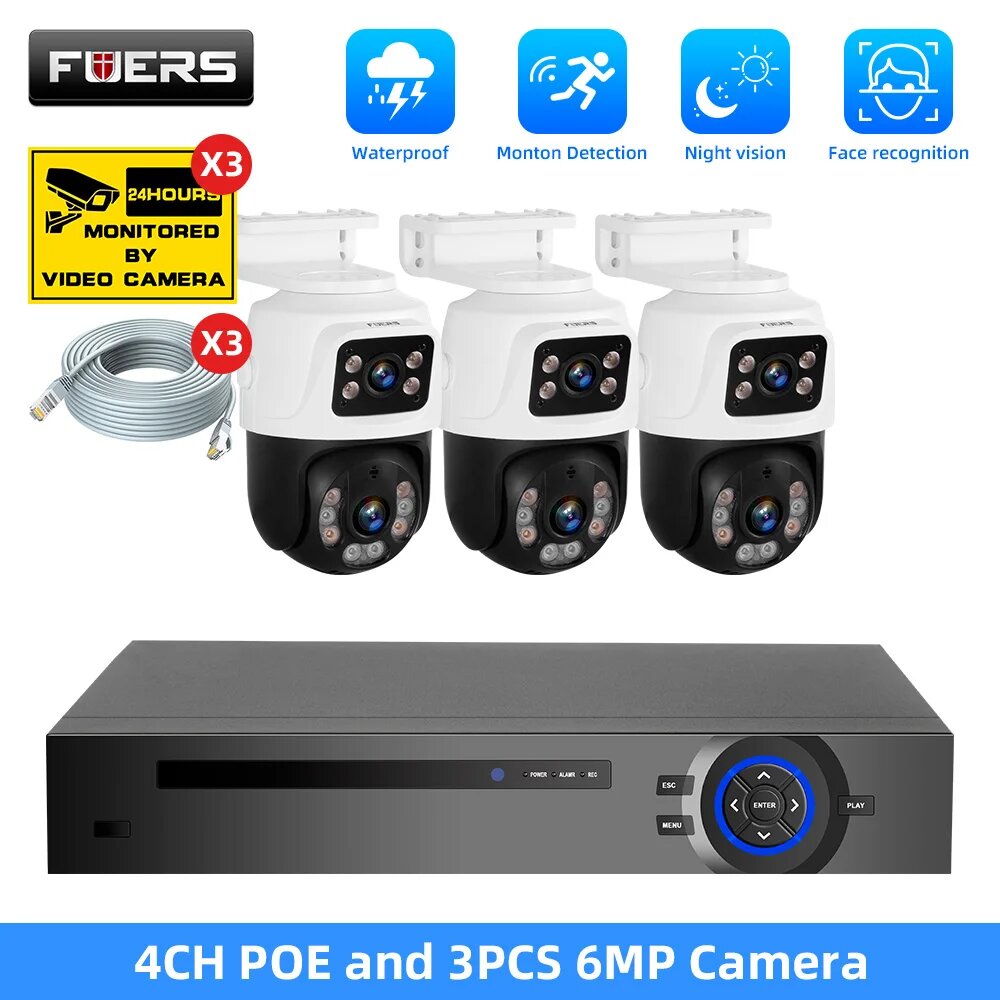Система видеонаблюдения FUERS 4CH Poe 6MP Кит видеонаблюдения Камера безопасности Камера PTZ Наружная камера Двунаправленный звук Полноцветная ночь