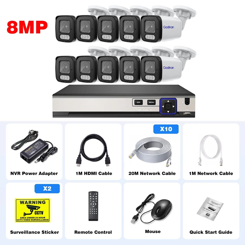 Система видеонаблюдения Gadinan 10CH CCTV IP Poe для дома с распознаванием лицо 4K 4Mp 8Mp набор с двусторонним аудио и ИИ для улицы приложение XMEye