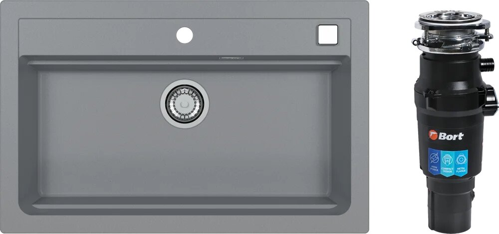 Комплект Мойка Alveus Atrox Granital 40 79x50, серая бетон (concrete), искусственный гранит / Измельчитель Bort Titan 7000 электрический, нержавеющая сталь