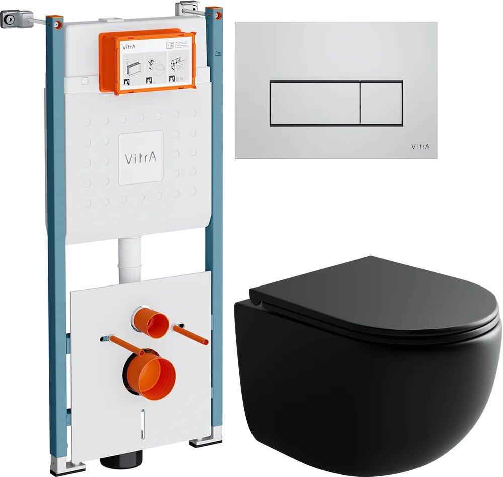 Комплект 3 в 1 Унитаз подвесной Ceramicanova UP Rimless CN4007MB, безободковый, смыв Торнадо / Инсталляция VitrA Ви-Фикс Кор (V-Fix Core) 732-5800-01PV / Кнопка Рут Скуэр (Root Square) 740-2380 цвет х