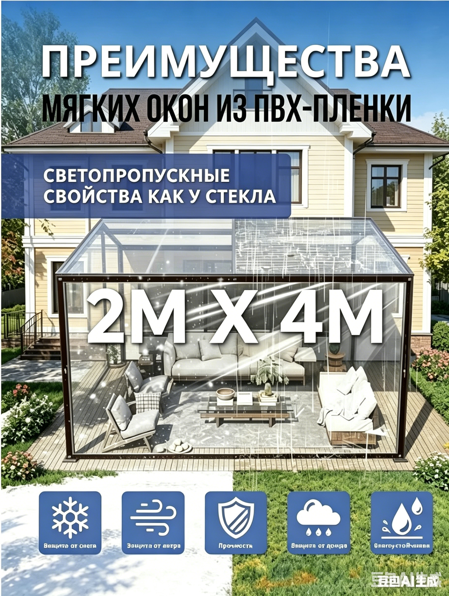 Прозрачная ПВХ-пленка для мягких окон 2х4м, светопропускание как стекло, простая установка для беседки