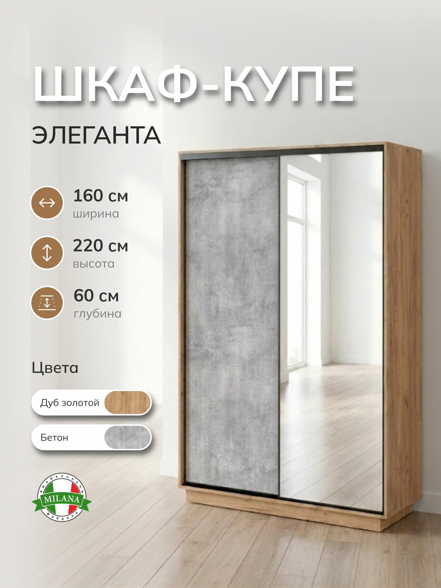 Шкаф-купе с зеркалом Элеганта, 2 двери, 160х60х220 см