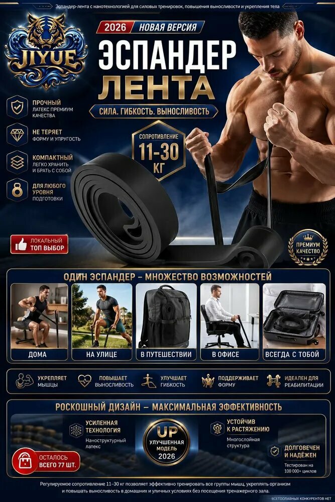 Резинка для фитнеса, эспандер ленточный, сопротивление от 11 до 30 кг, черный
