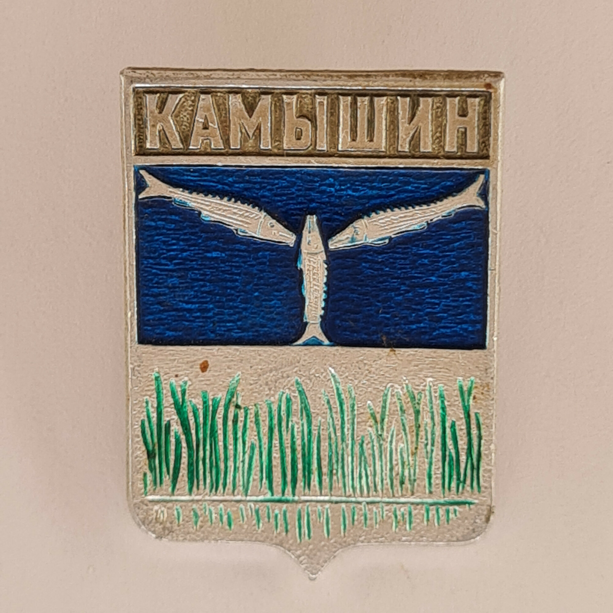 Значок СССР. Камышин, рыбы и камыши, городская тематика. Винтажный значек.