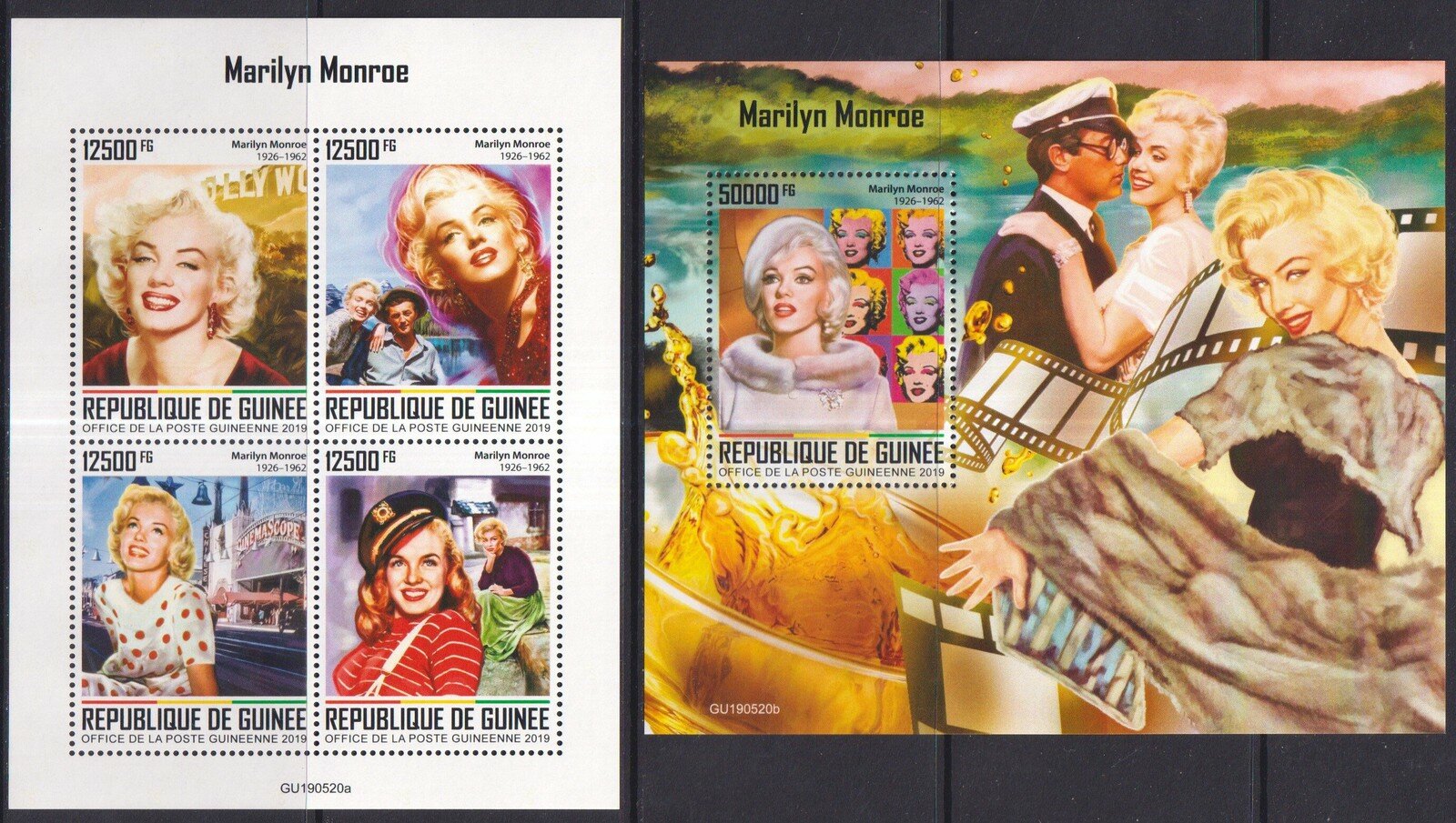 Марки 2019 год Гвинея Мэрилин Монро Кино Голливуд #14171-174+Bl3198 Mnh