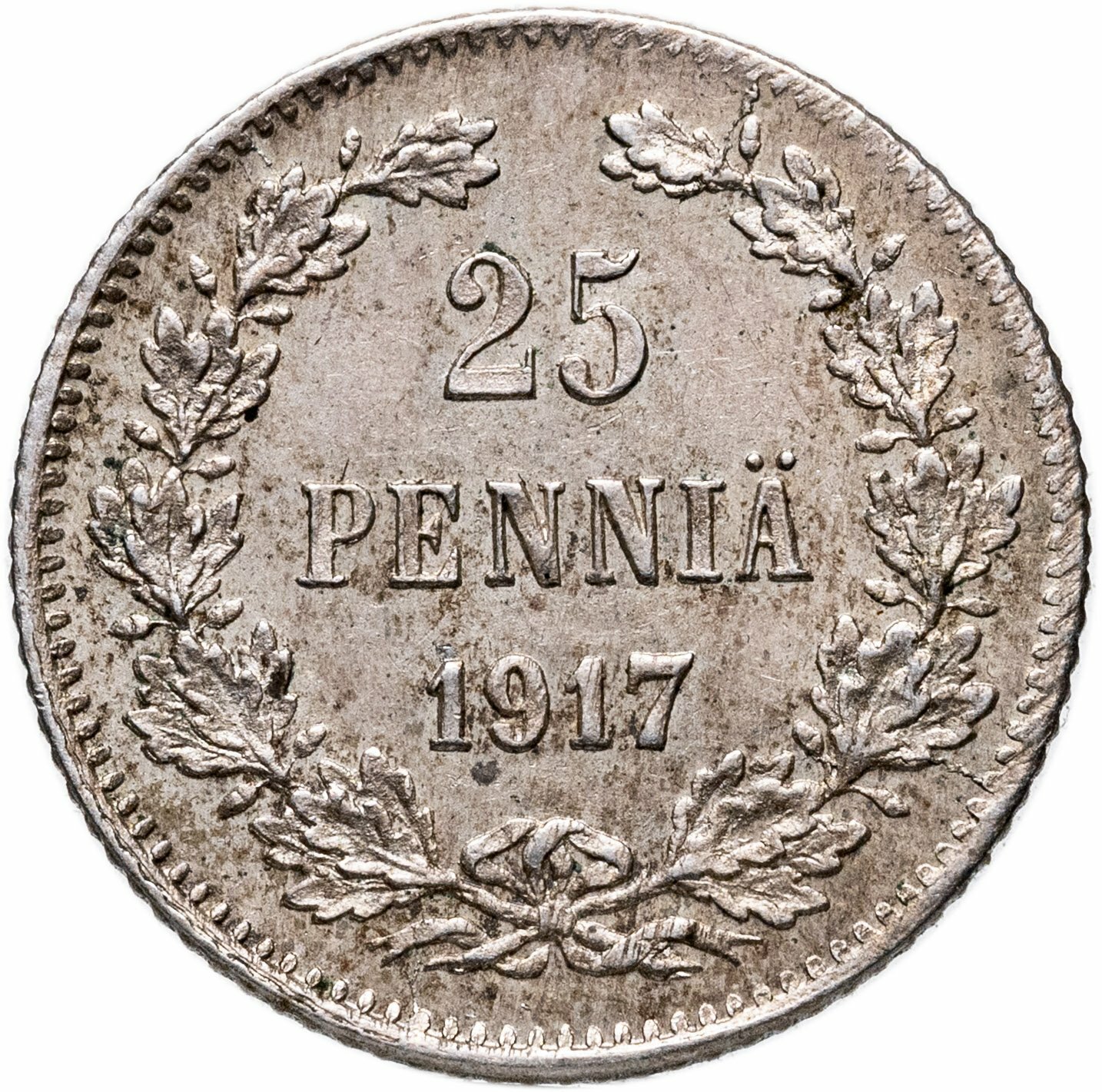 25 пенни pennia 1917 S гербовый орел без короны Российская Финляндия, Серебро 750, в сохранности AU