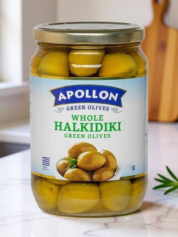 Оливки APOLLON зеленые с косточкой в стеклянной банке 720г. Греция