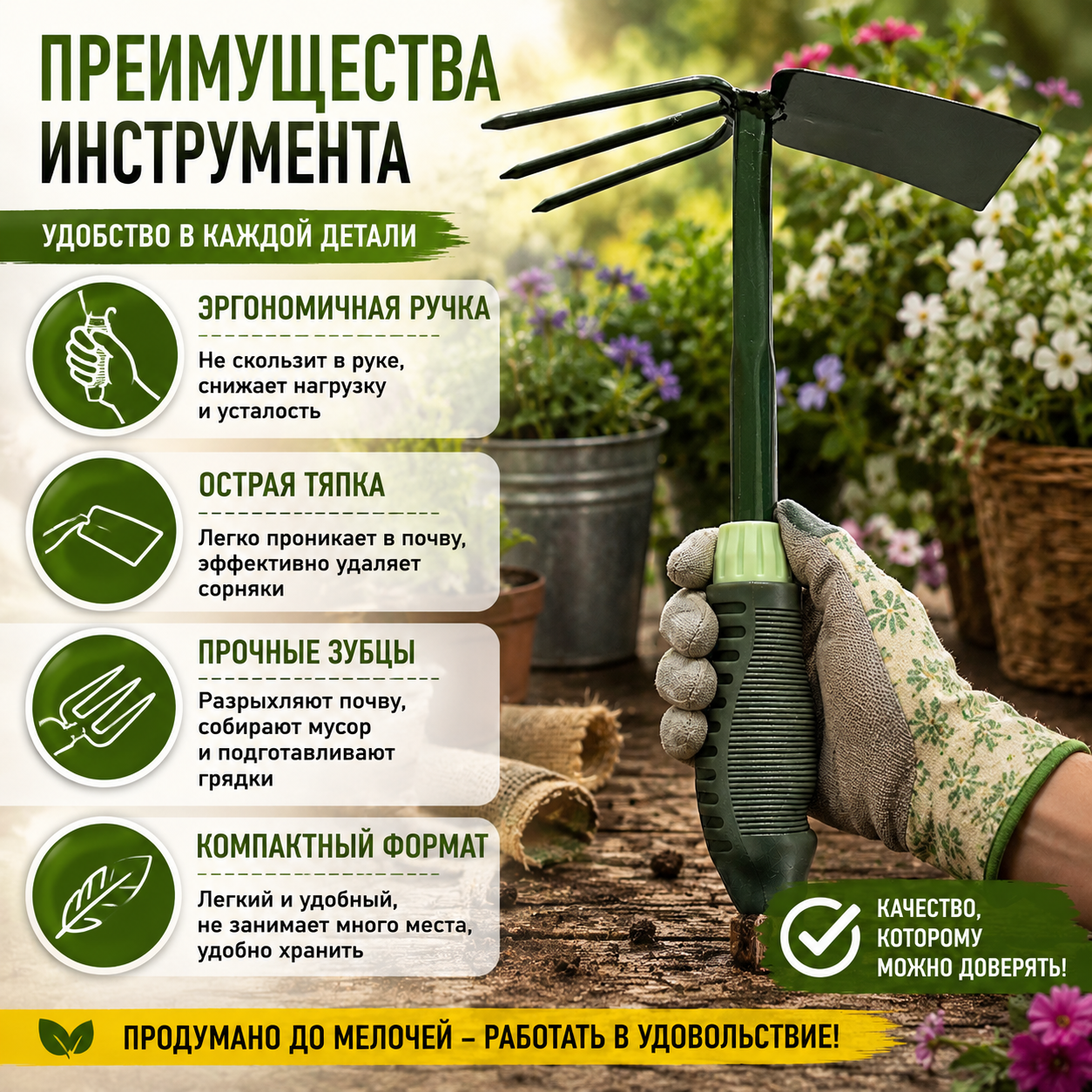 Садовый инструмент, мини-грабли с тяпкой, металл, 26см, 3 зубца, зеленый — фото 1