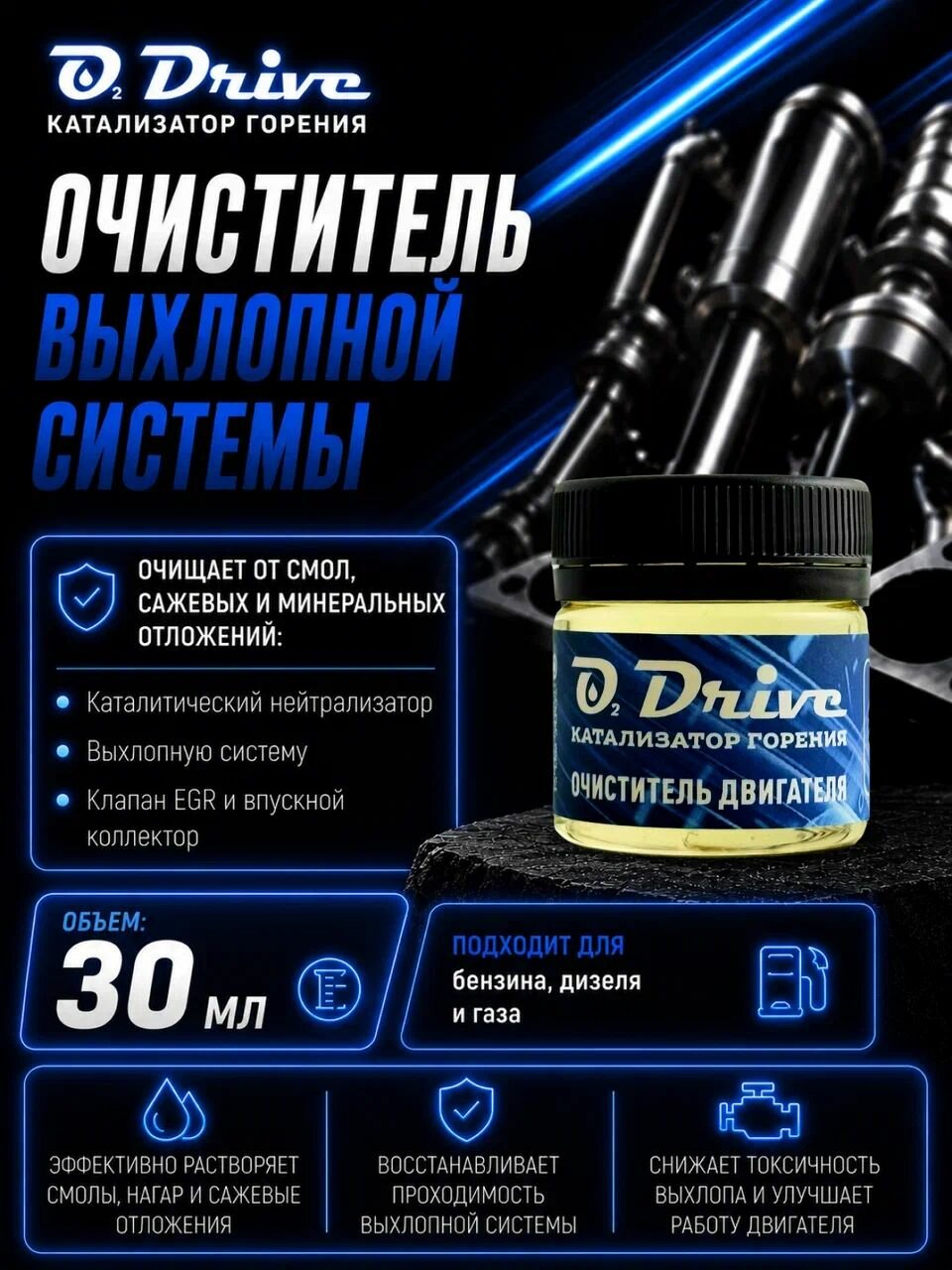 Очиститель выхлопной системы, катализатор горения O2 Drive. Присадка в бензин, дизель, газ на 600-900 литров (3-е поколение)