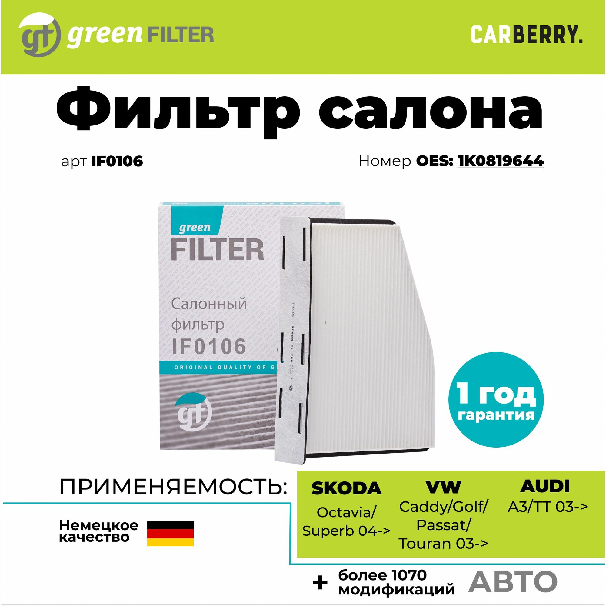Салонный фильтр IF0106 Green Filter для AUDI A3 для SKODA Octavia, Superb для VOLKSWAGEN Caddy, Golf, Passat, Touran, SEAT Altea, Leon