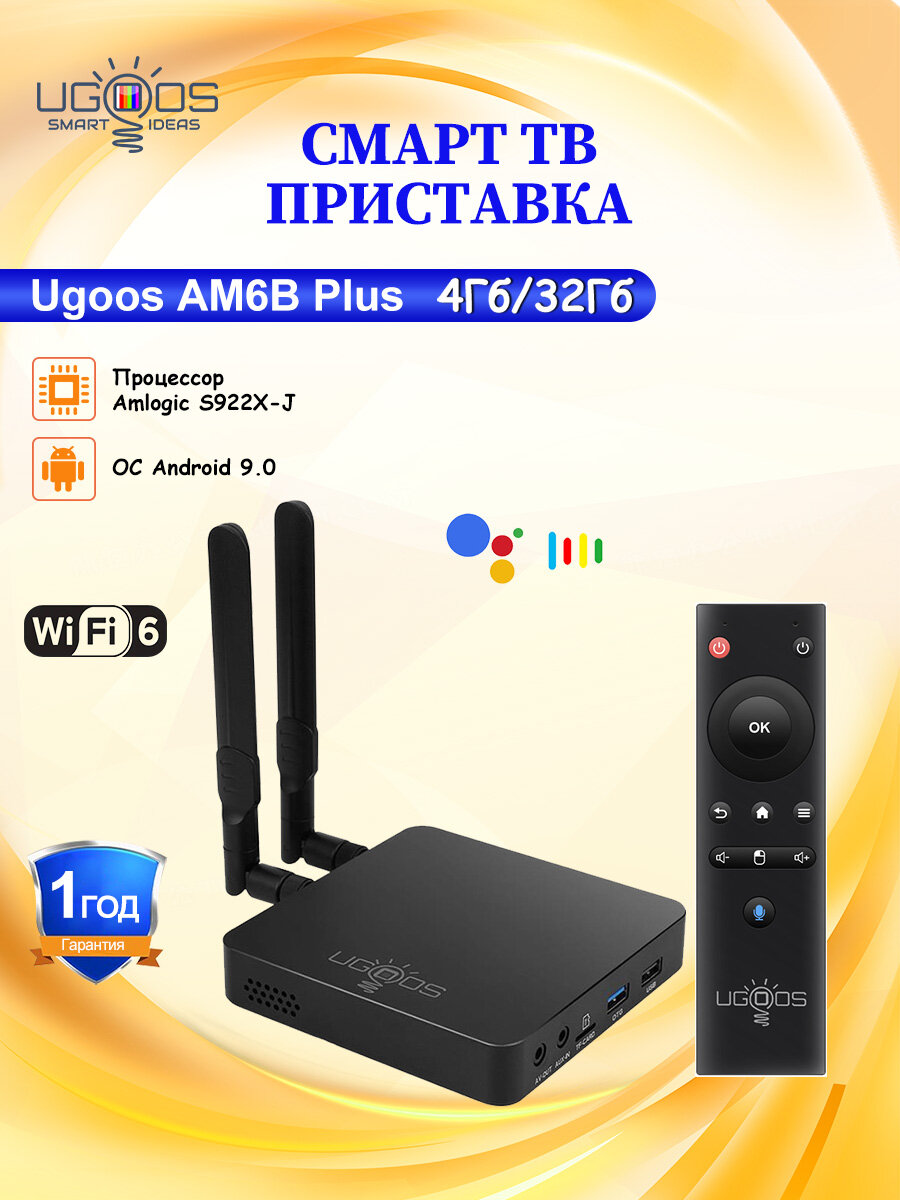 Смарт ТВ приставка Ugoos AM6B Plus Amlogic S922X-J 4K ТВ Бокс Андроид 9.0 4Гб/32Гб WiFi-6 c Bluetooth пультом