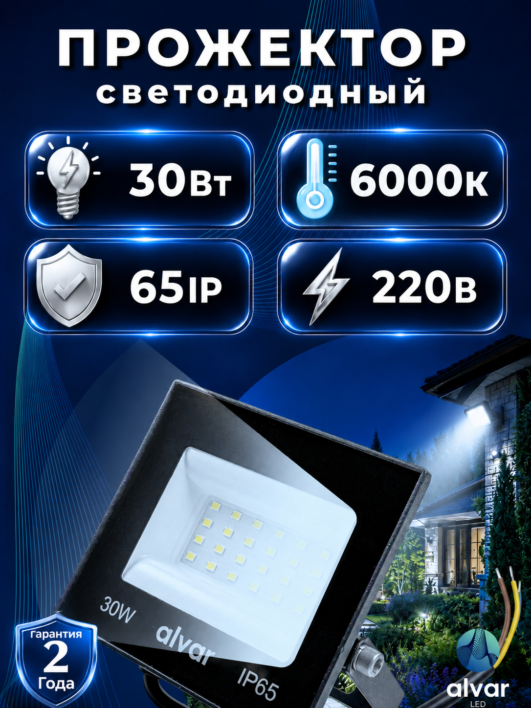 Прожектор светодиодный уличный 30Вт, 6000К холодный, 220В IP65