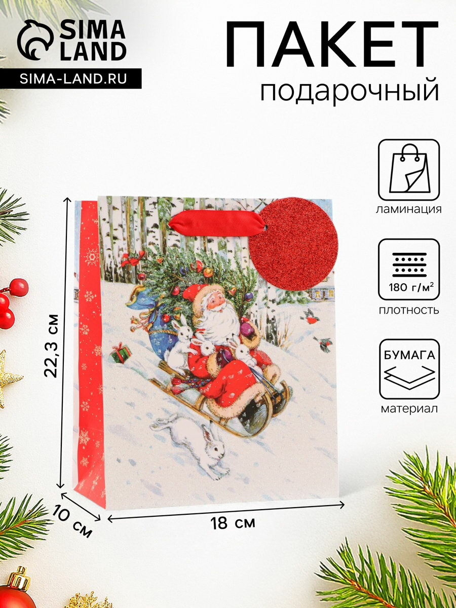 Пакет подарочный новогодний ламинированный "На санях", люкс, 18x22.3x10 см