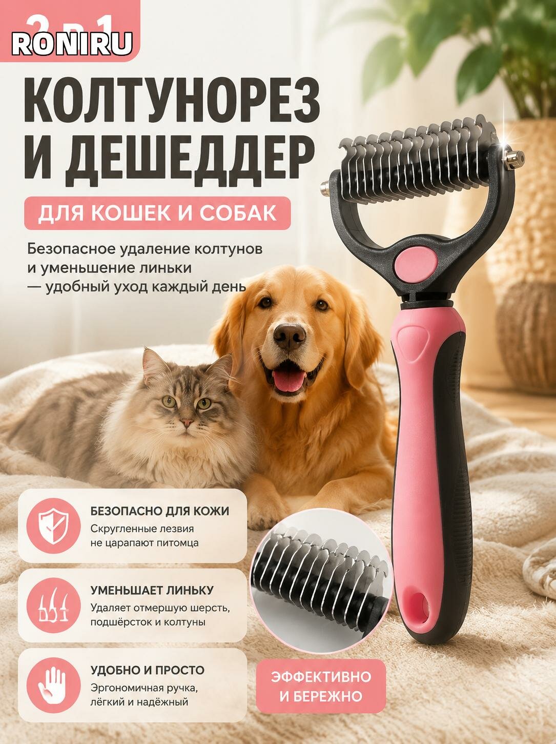 Колтунорез и дешеддер 2 в 1 для кошек и собак — безопасное удаление колтунов и уменьшение линьки, удобный уход