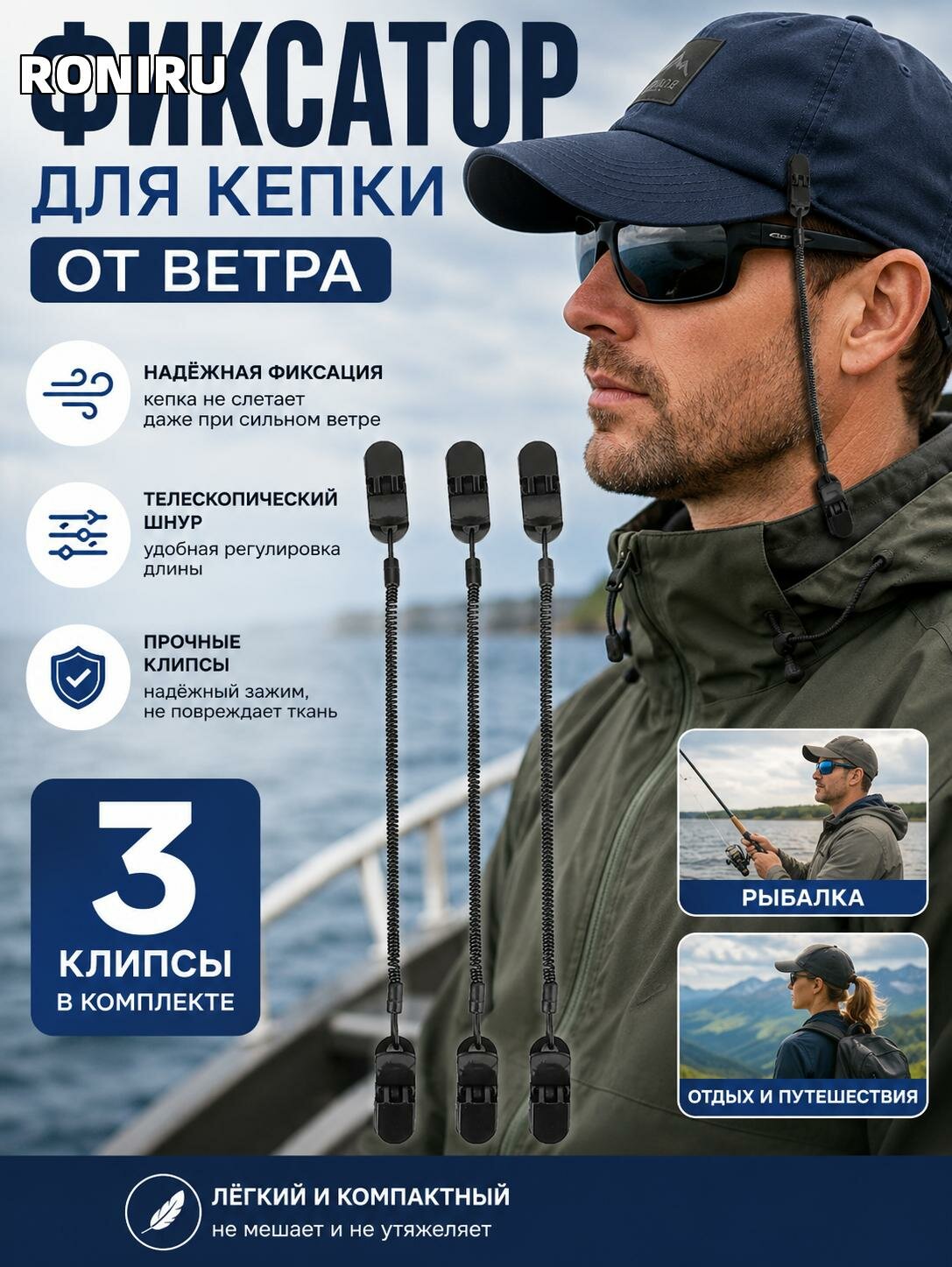 Фиксатор для кепки от ветра, 3 клипсы с телескопическим шнуром — держатель головного убора для рыбалки и отдыха