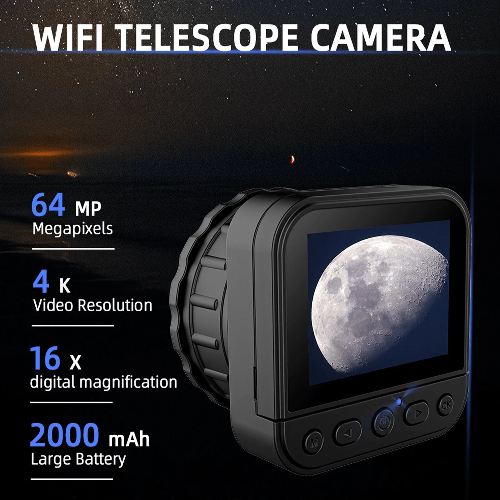 64 МП 4K HD 2.4G WIFI Камера-окуляр для телескопа с откидным экраном, портативная, легкая, для астрономических биноклей и микроскопов — фото 1