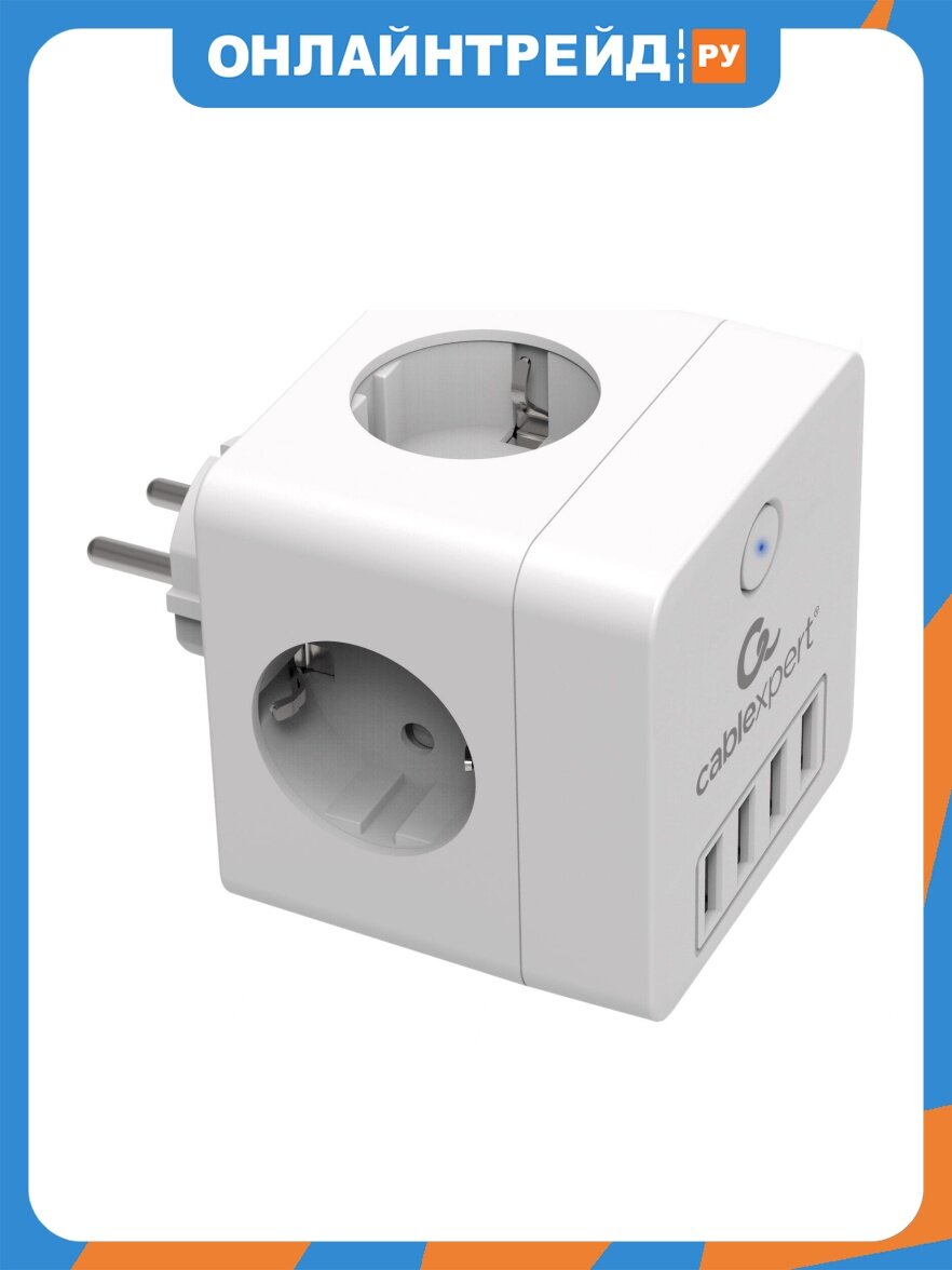 Сетевой фильтр Cablexpert Cube, 4 розетки, 4хUSB, белый, коробка