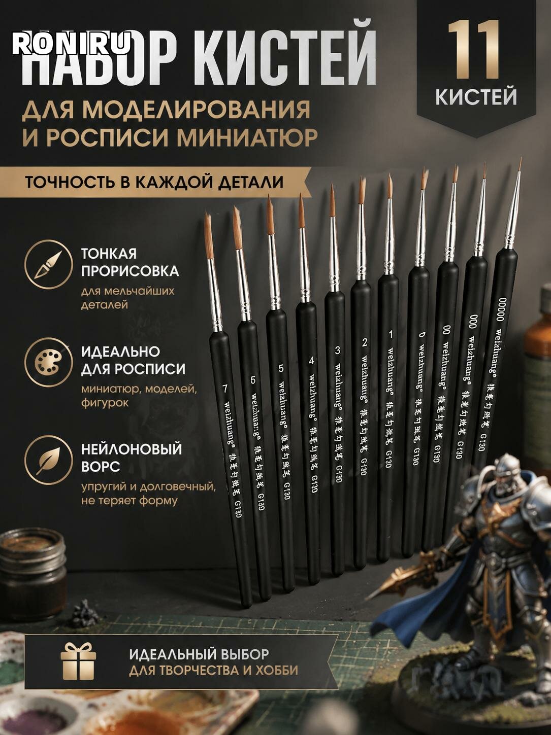Набор кистей для моделирования миниатюр, 11 шт, для тонкой прорисовки и художественной росписи, нейлон, дерево