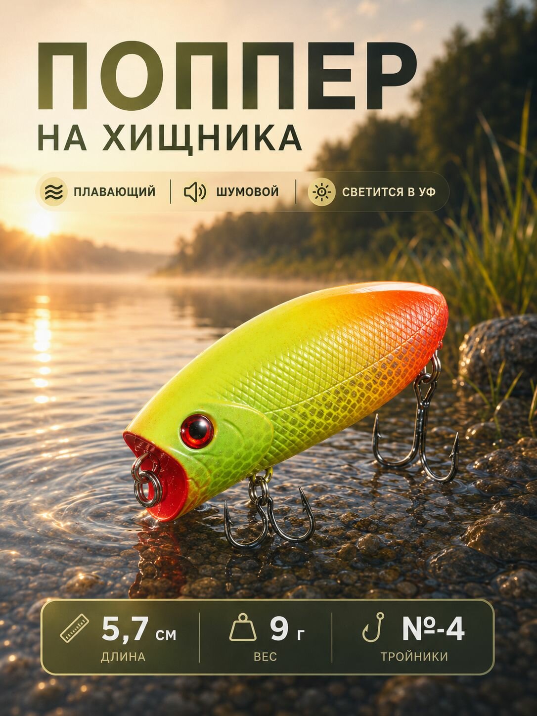 Поппер на щуку, воблер шумовой поверхностный Malas 57 мм, Вес 9 гр, цвет 12 Grid Orange