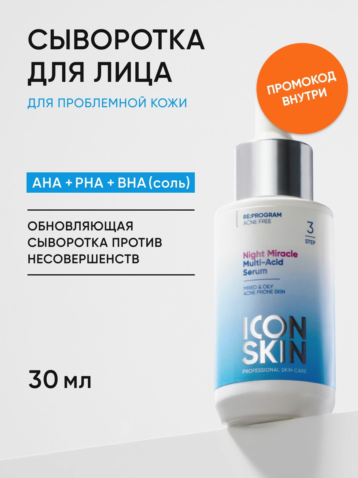 ICON SKIN Сыворотка для лица Night Miracle от прыщей акне и черных точек , AHA кислоты, для жирной проблемной кожи лица, пилинг, 30мл