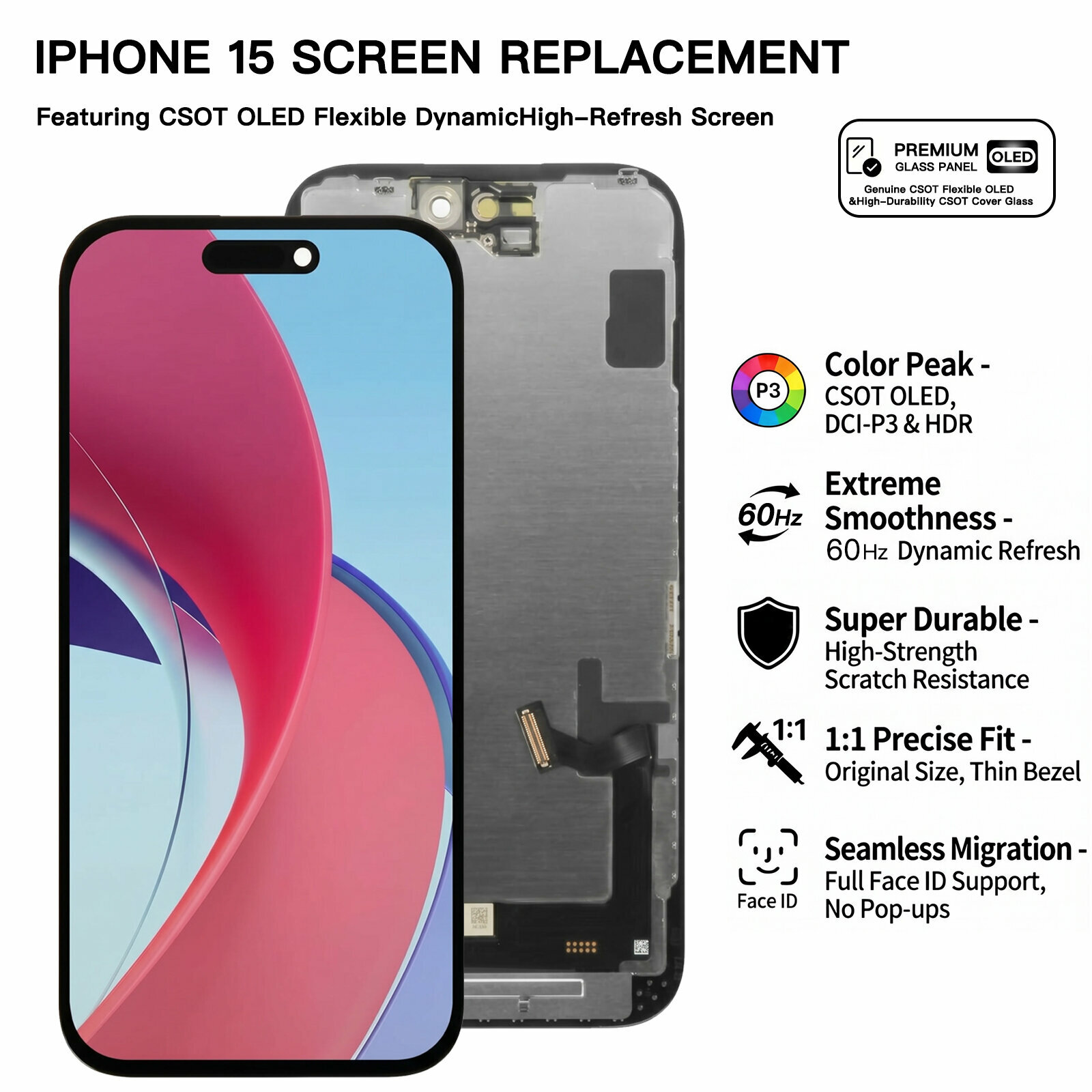 Гибкий OLED-экран-замена для iPhone 15: 60 Гц, рамки 0.9 мм, высший китайский класс