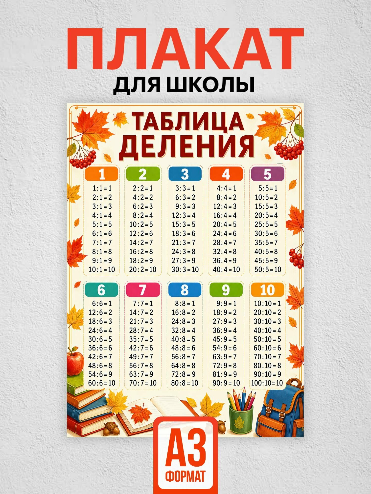 Плакат таблица деления, для школы, в класс