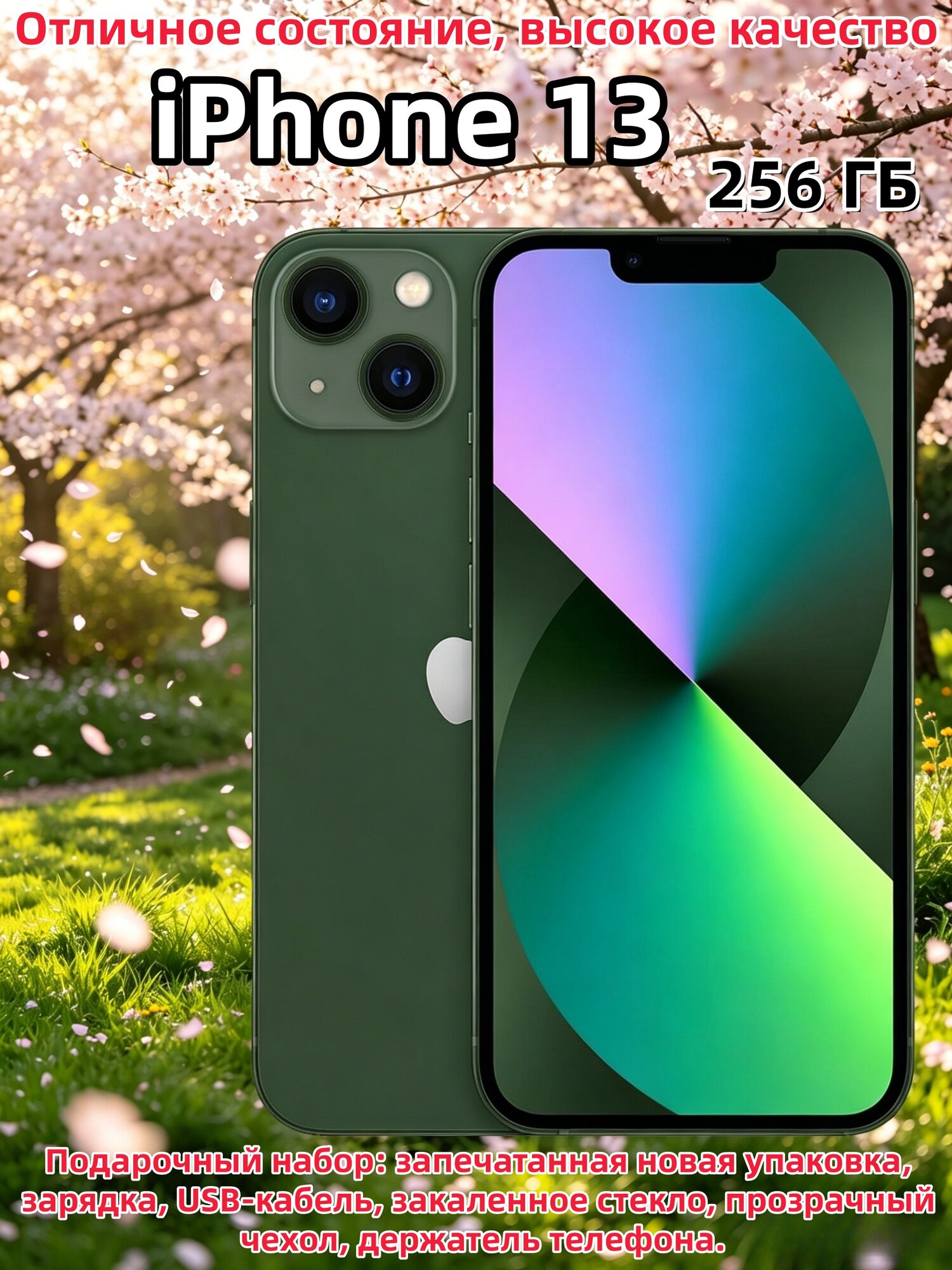 Смартфон Apple iPhone 13, 256 ГБ, дисплей XDR OLED 6,1 дюйма, поддержка двух Nano-SIM, цвет зелёный