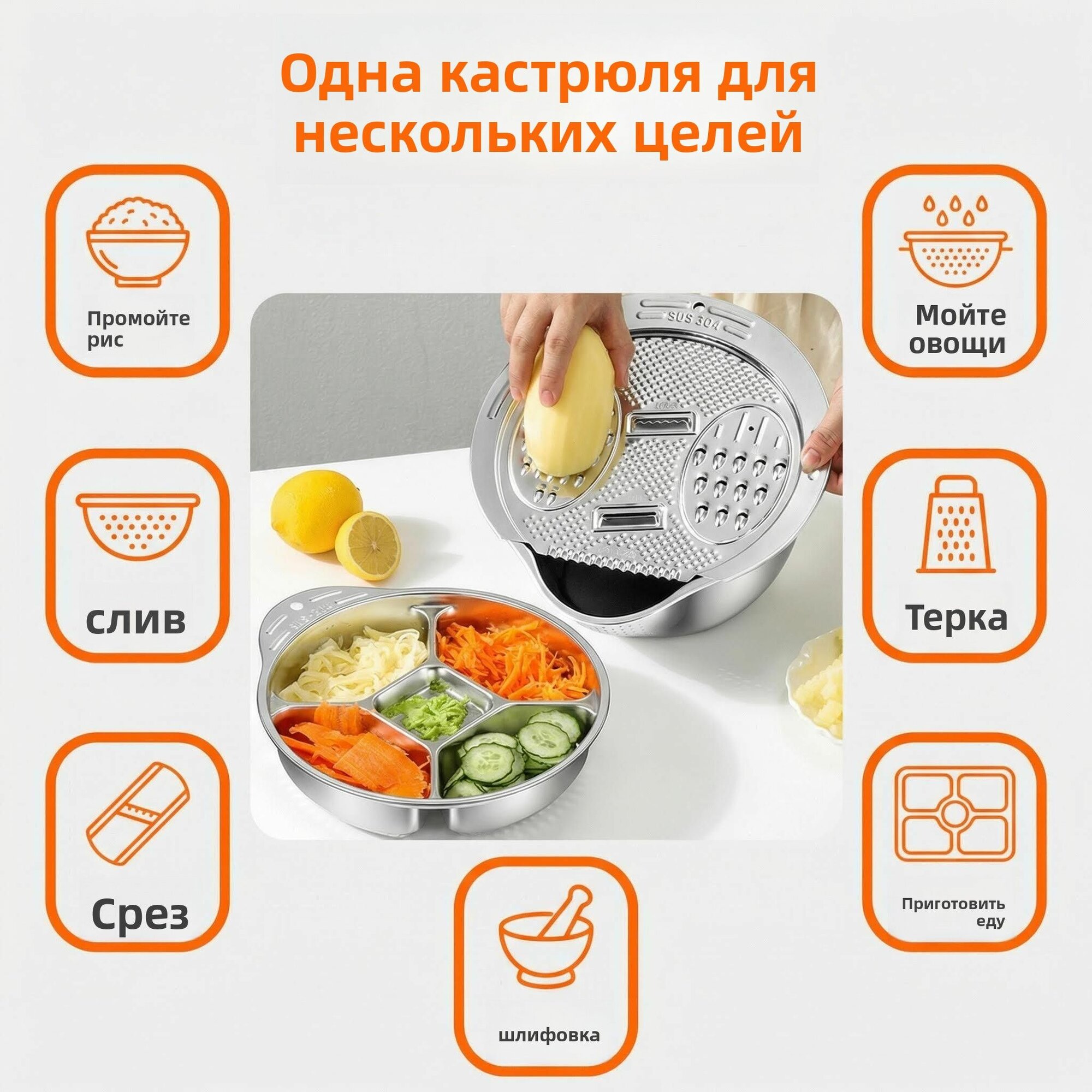 Набор из двух предметов: миска для мытья риса из нержавеющей стали 304 + поддон для приготовления пищи с измельчителем.