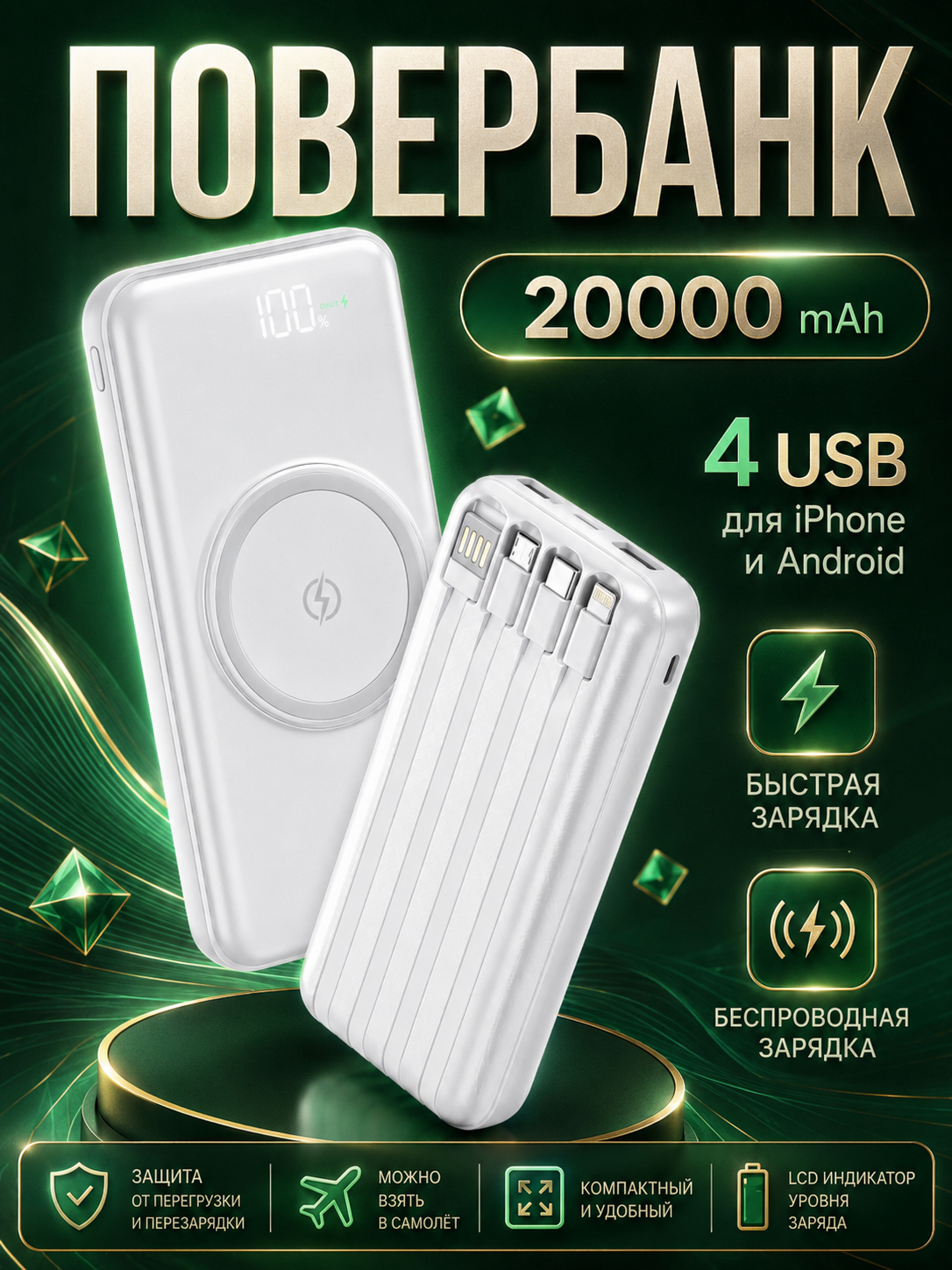 Портативный аккумулятор Магсейф 20000 mAh, Power Bank внешний портативный аккумулятор с 4 встроенными кабелями, Белый