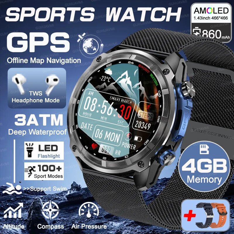 Smart Watch 2026 Военный стиль GPS 4ГБ Black Mesh Belt 2A