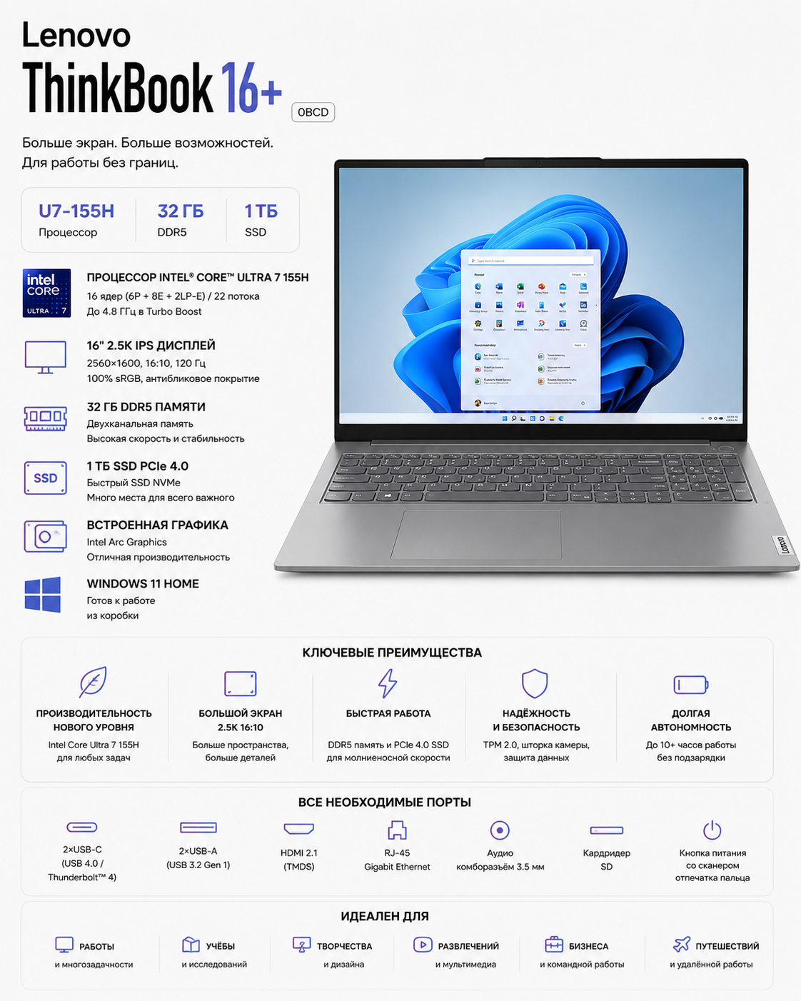 Ноутбук Lenovo ThinkBook, 16", Windows 11, 32 Гб RAM, Intel Arc Graphics, SSD 1 ТБ