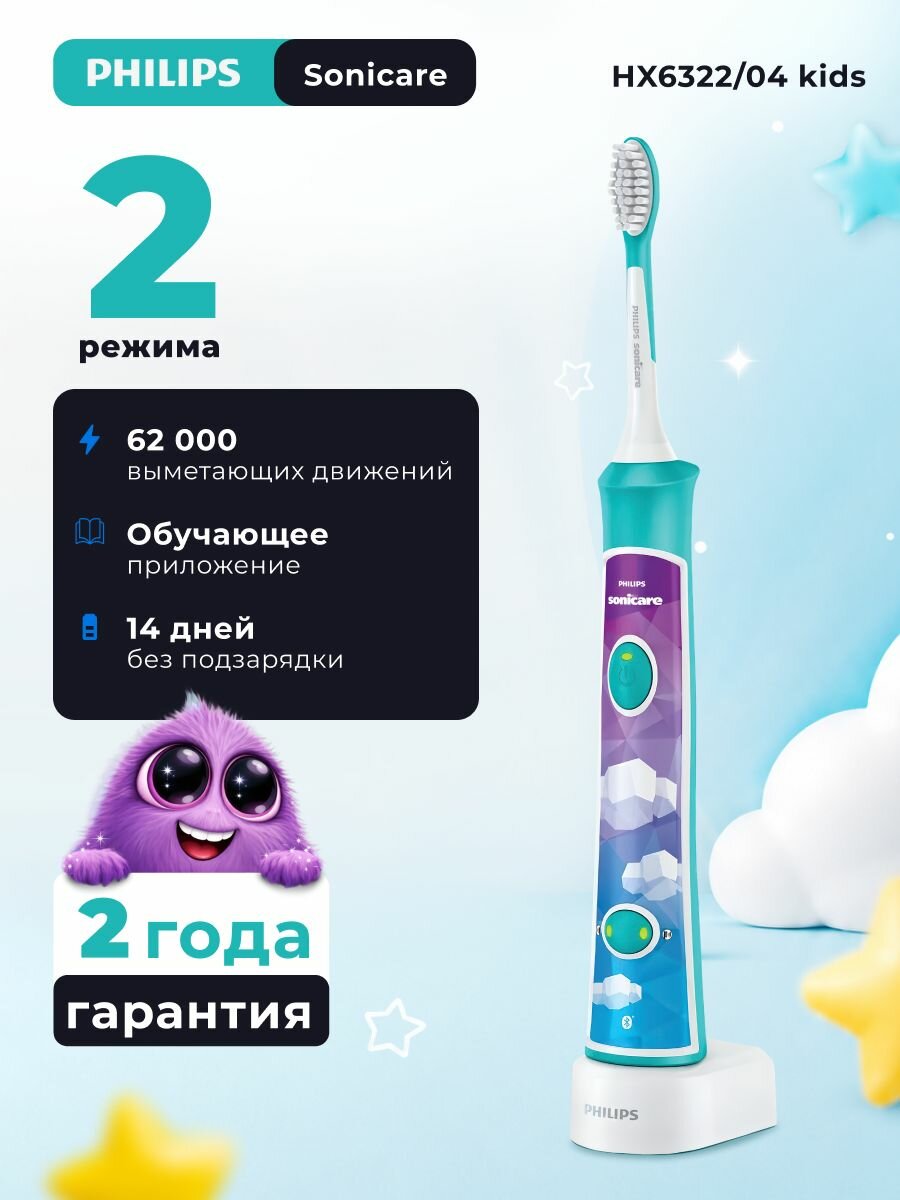 Детская электрическая зубная щетка Philips Sonicare HX6322/04 for kids, 2 режима, таймер, голубой