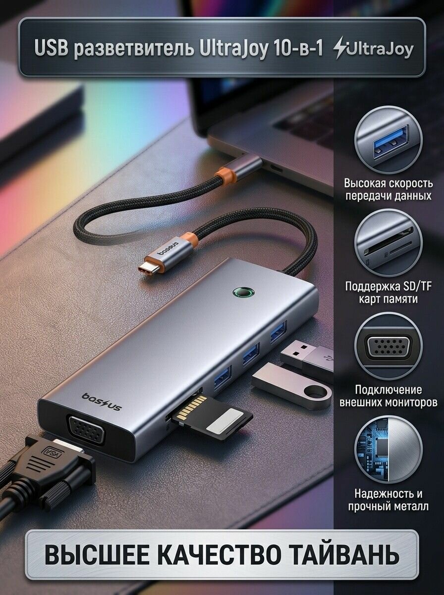 USB разветвитель Хаб UltraJoy 10-в-1 USB-C hub adapter / Адаптер / USB Концентратор / USB-Хаб / 3хUSB - 3.0, RJ-45, HDMI 60 Hz, PD 100w, SD/TF, VGA, 3.5 AUX