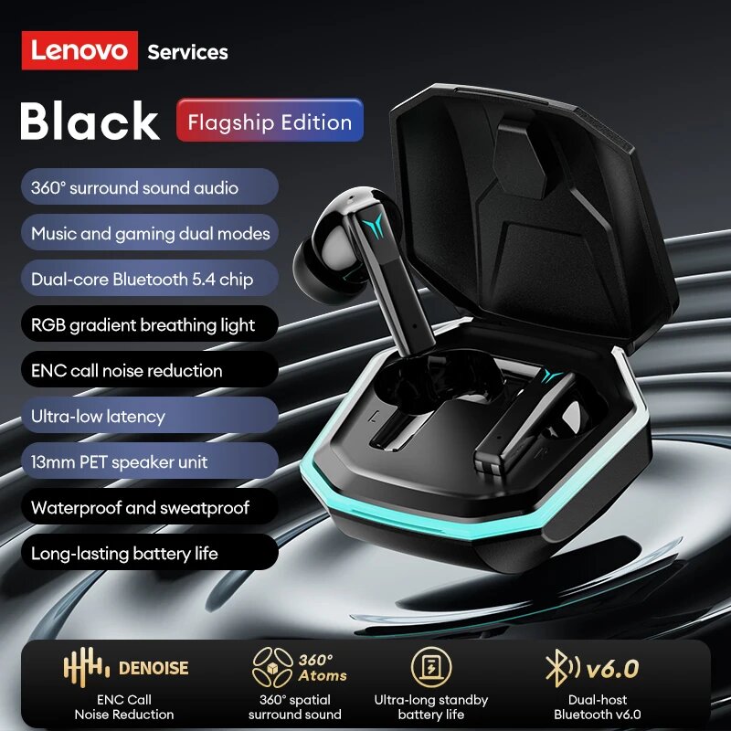 Игровые наушники Lenovo GT105 Premium с Bluetooth 5.4, шумоподавлением ENC, низкой задержкой 45 мс и RGB-подсветкой