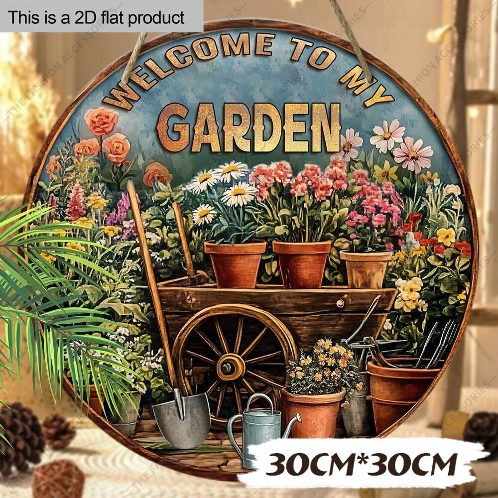 30cm*30cm, Декоративная подвесная табличка "Welcome to My Garden" с цветочной тележкой, 2D деревянный декор