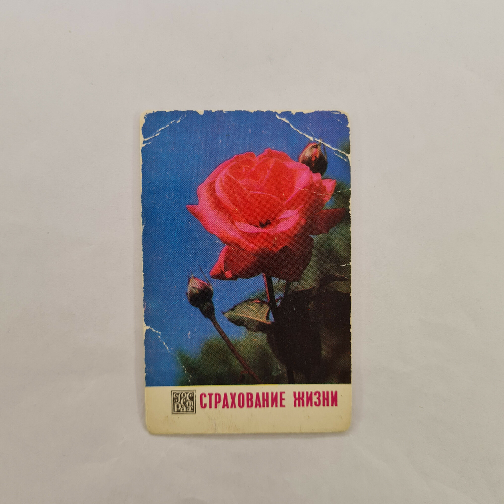 Карманный календарик СССР 1977. Страхование жизни, роза на синем фоне, советский календарь