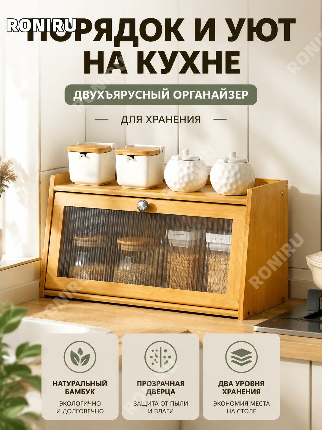 Кухонный настольный стеллаж из бамбука, двухъярусная полка50 см с прозрачной дверцей для СВЧ, специй и хранения без пыли